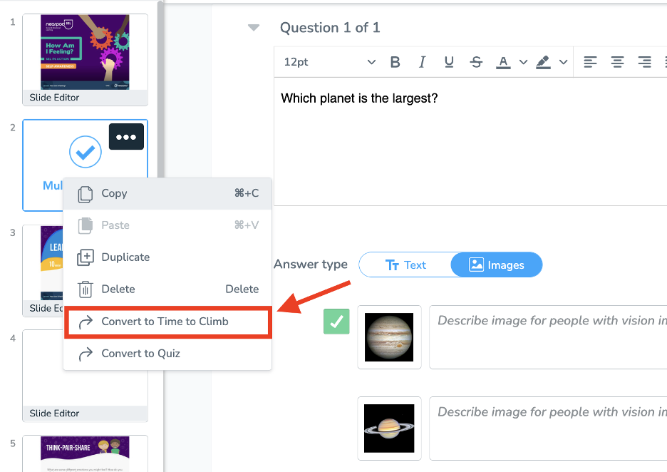 How to use a Time to Climb quiz game in a Nearpod Lesson