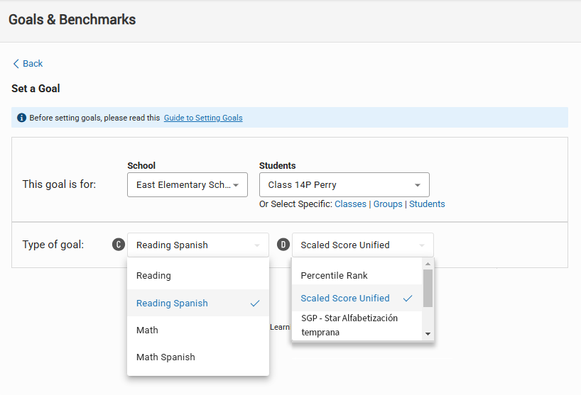 Reading Spanish – Scaled Score Unified Goal