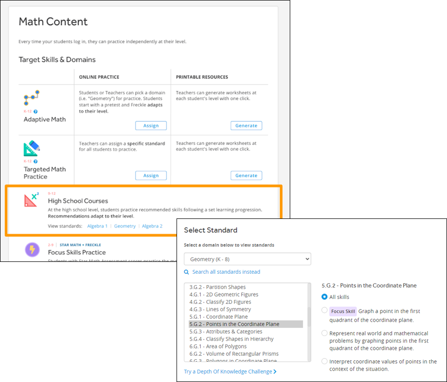 What Freckle features are different in High School math?