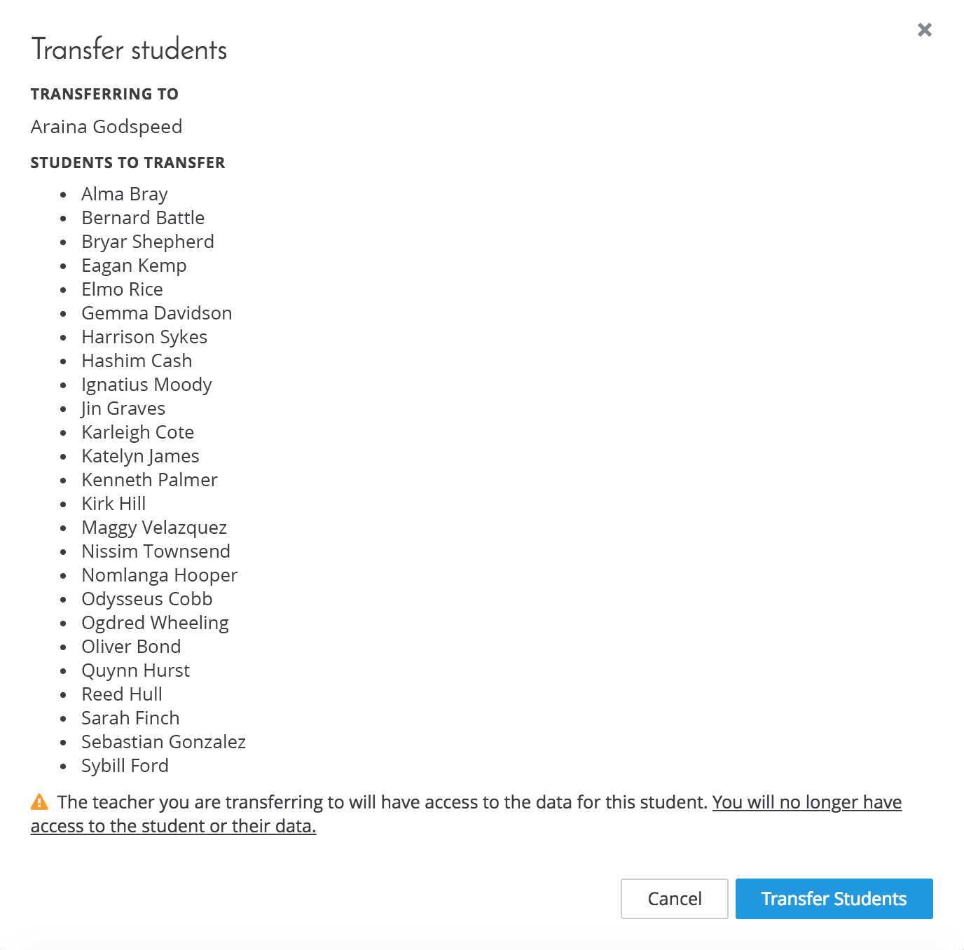 How do I transfer a student or roster to another teacher?