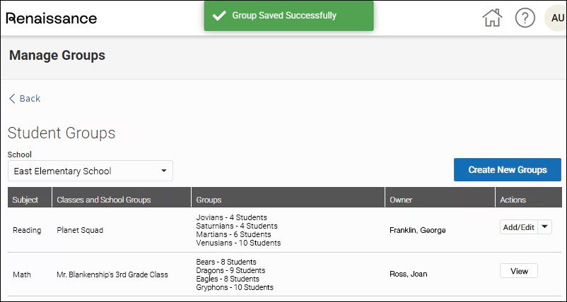 Create Groups Page - Student Selection