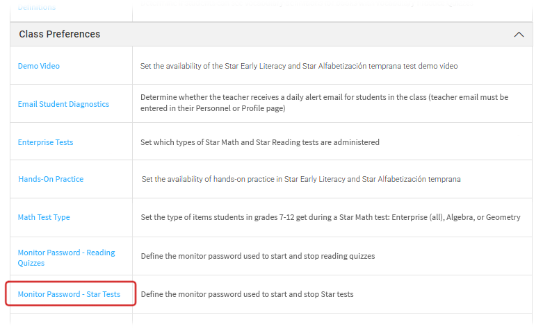 Monitor Password - Star Tests Preference