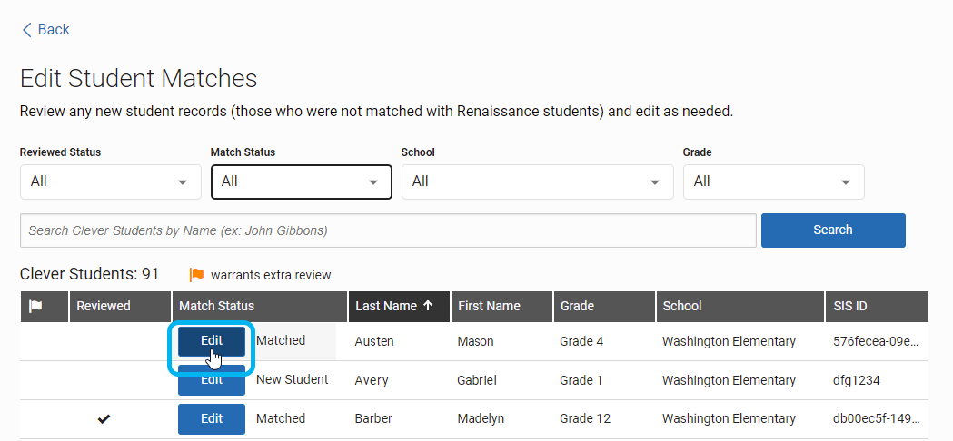 Clever Integration - Edit Student Matches