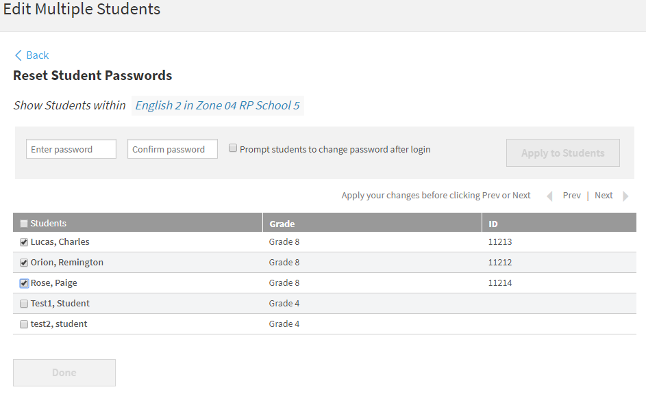 Reset Student Password (Multiple Students)