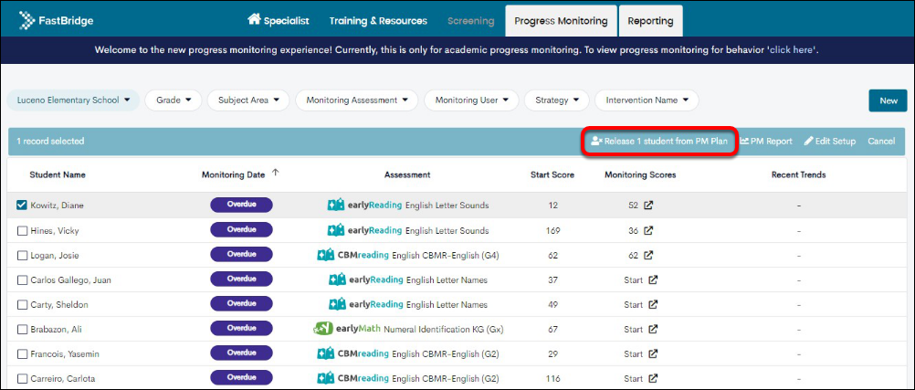 Releasing a student from a Progress Monitoring plan